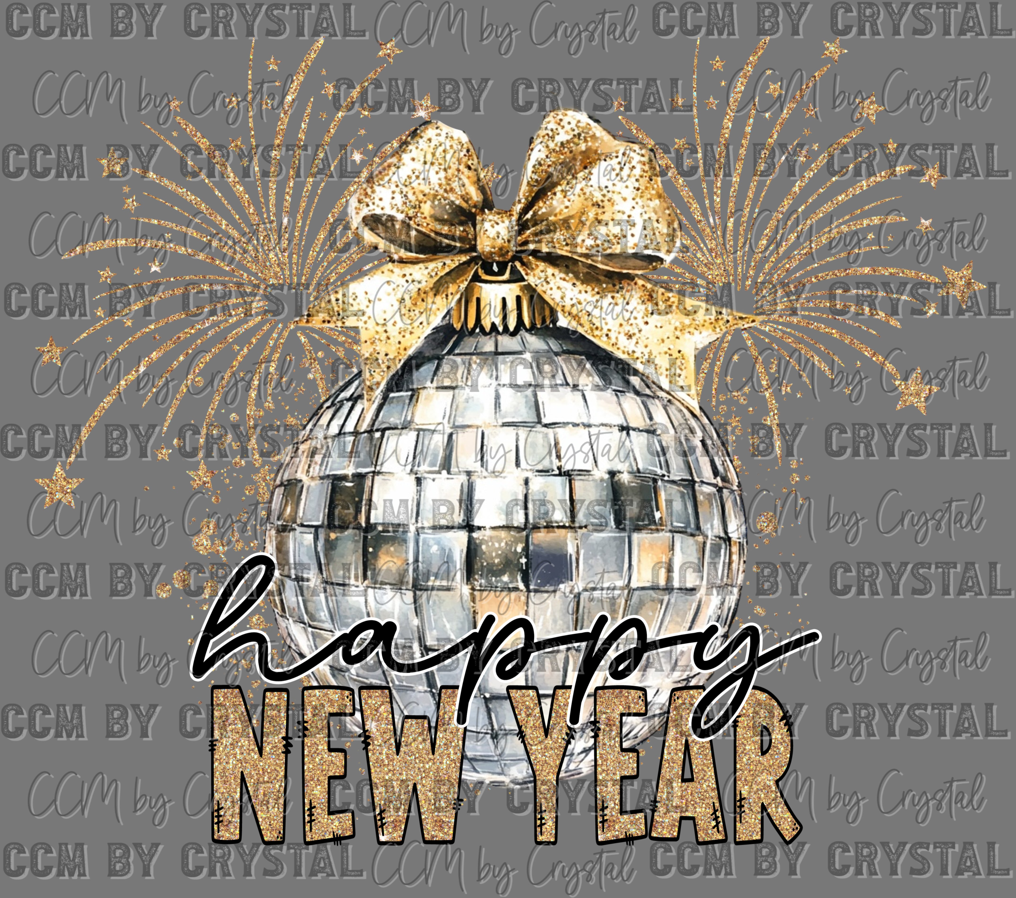 Happy New Year Disco Ball Faux Glitter Ready to Press Transfer DTF Tra ...