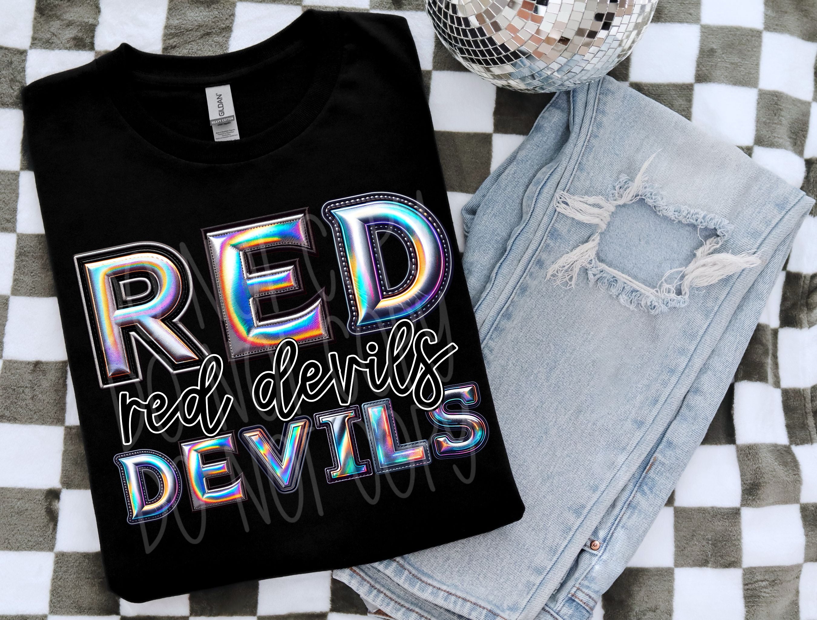 Red Devils Mascot Iridescent Effect Ready to Press Transfer DTF Transf ...